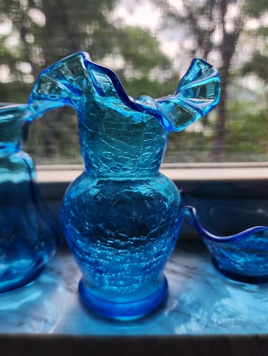 Art | Bright Blue Crackle Glass Vase With Ruffled Rim | Poshmark